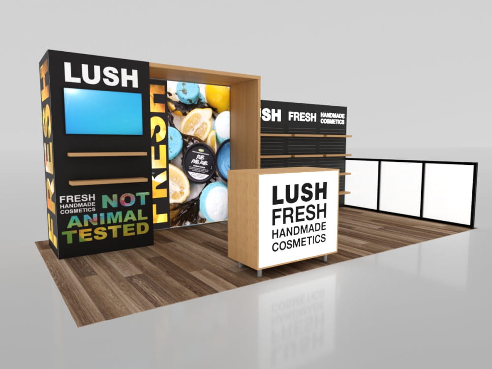 10x20 Eco-Modular Backlit Shelving TV Exhibit Kit 01 – Trade Show House